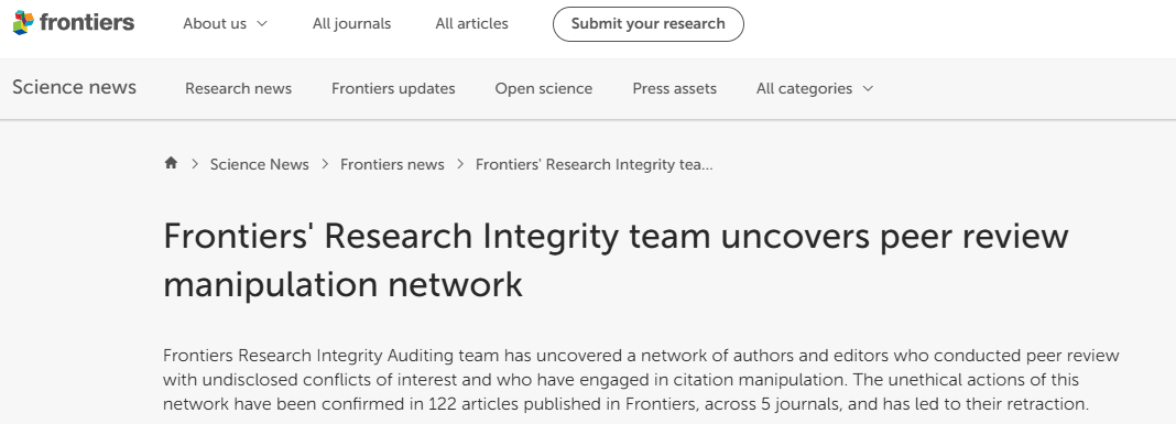 突发！Frontiers 再暴雷，122篇论文遭集中撤稿，另有4000篇问题文章正在调查！_frontiers in psychology-CSDN博客