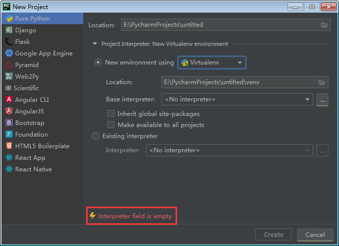 关于pycharm安装出现的interpreter field is empty，无法创建项目存储位置 _pycharm解释器为空-CSDN博客