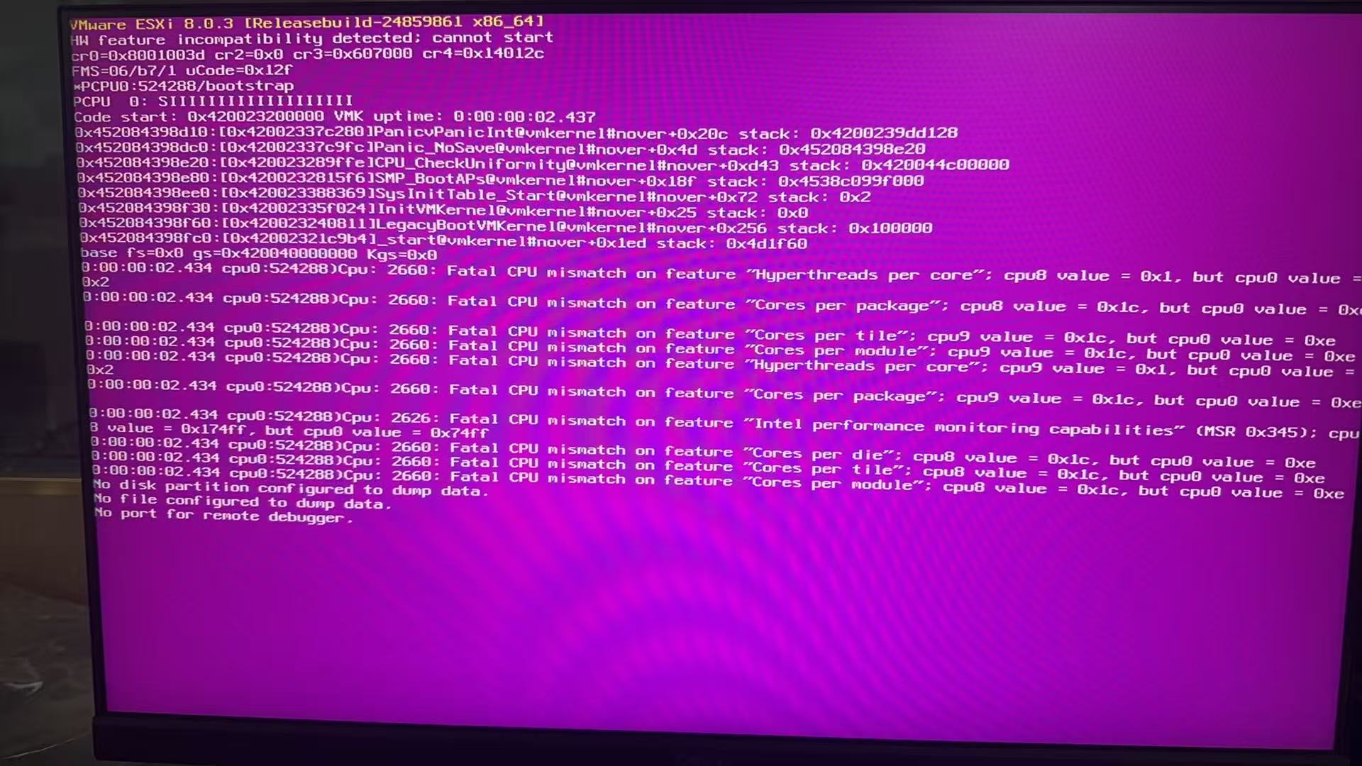 ESXi 8.0U3h部署过程中出现紫屏(HW feature incompatibility detected: cannot start)报错解决办法以及开机继续报错解决办法-CSDN博客