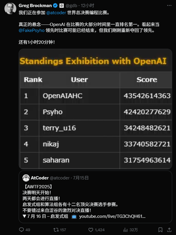 在这个世界级编程竞赛中，这可能是人类最后一次战胜AI了。AtCoder World Tour Finals（简称AWTF）是由日本知名的在线编程竞赛平台AtCoder举办的一场全球顶级编程赛事 ...