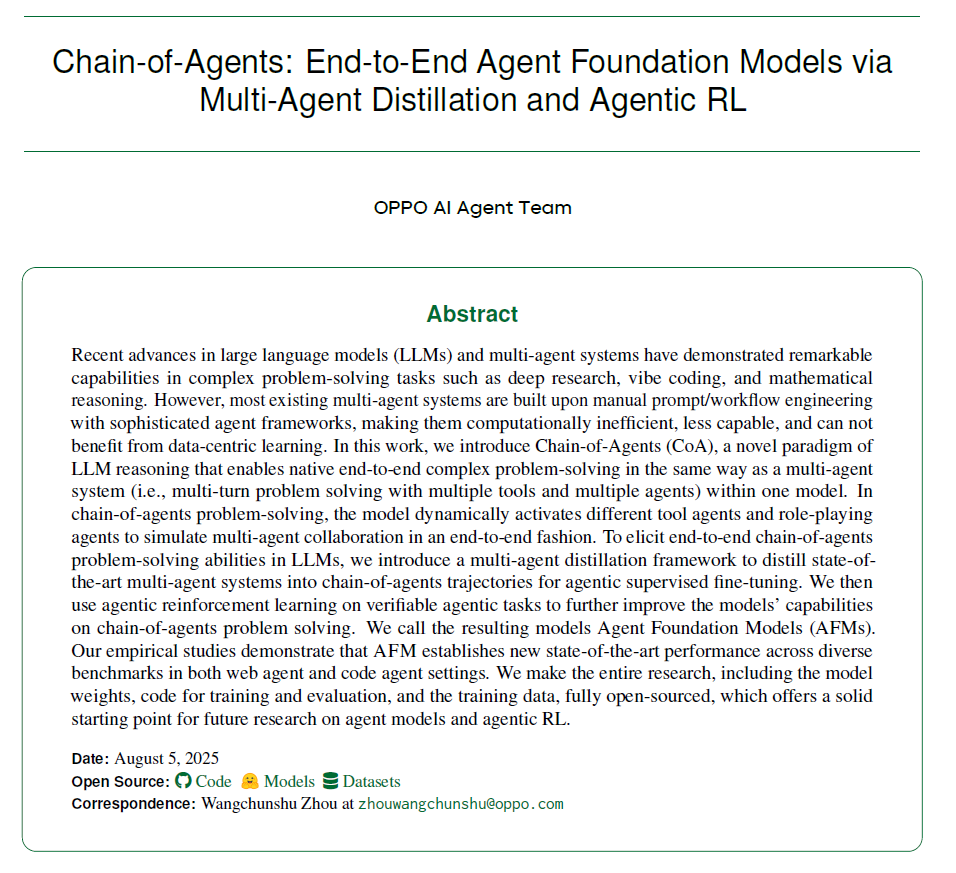 Chain-of-Agents: OPPO推出通用智能体模型新范式，多榜单SOTA，模型代码数据全开源_oppo学习新模型-CSDN博客