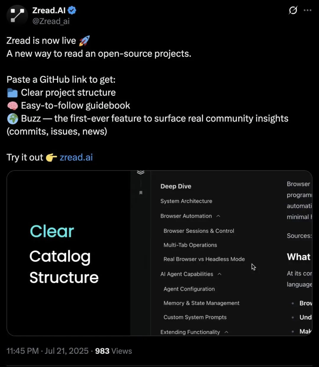 我发现程序员不试试Zread.ai就亏大了，5分钟深度看透源码效率翻倍！你是不是也遇到过这种让人头秃的时刻：一个 GitHub 上很火的项目，大家都在推荐，你也跟着下下来想研究研究，结果源码一 ...