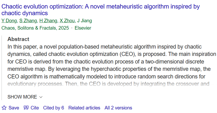 混沌进化算法(CEO)-2025年SCI一区Top新算法-公式原理详解与性能测评 Matlab代码免费获取_1) dong y c, zhang s h, zhang h l, et al ...
