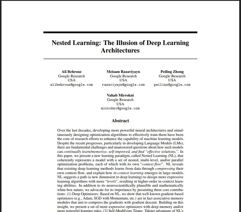 Google最新论文《Nested Learning》——让大模型拥有“大脑记忆“，实现真正的个人AI助手【收藏必读】_nested learning: the illusion of ...