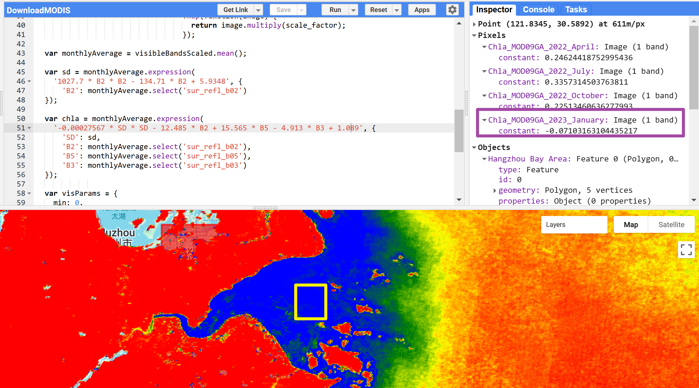 谷歌地球引擎GEE基于MODIS遥感影像反演水体叶绿素含量_叶绿素遥感反演代码-CSDN博客