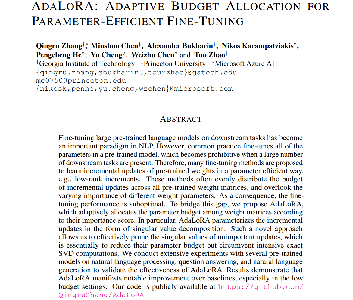 ADALORA: ADAPTIVE BUDGET ALLOCATION FOR PARAMETER-EFFICIENT FINE-TUNING-CSDN博客
